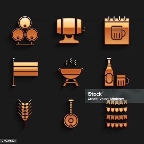 바베큐 그릴 밴조 깃발 맥주 병 유리 밀 국립 독일 세인트 패트릭 데이 캘린더 및 나무 배럴 아이콘을 설정합니다 벡터 0명에 대한 스톡 벡터 아트 및 기타 이미지 Istock
