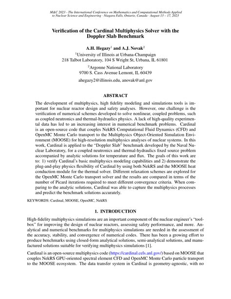 Pdf Verification Of The Cardinal Multiphysics Solver With The Doppler Slab Benchmark