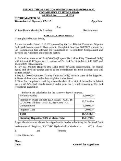 Calculation Memo Cmoai Vs Y Sree Rama Murthy Pdf Justice Crime And Violence