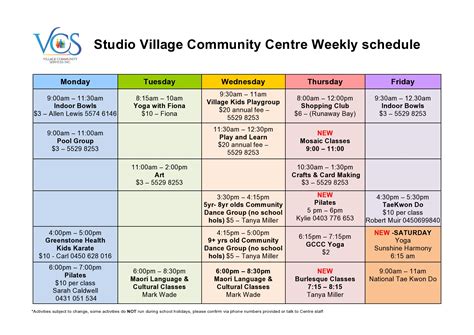 Timetable Studio Village Community Centre