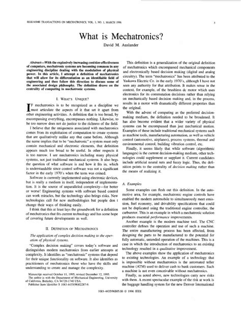 What Is Mechatronics Ieeeasme Transactions On Mechatronics Vol March 1996 Pdf