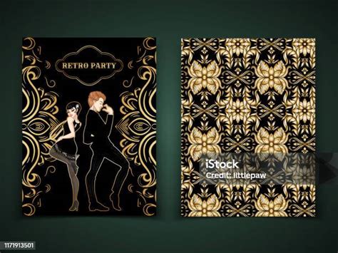 복고풍 파티 카드 템플릿 남자와 여자 옷을 입고 1920 년대 스타일 댄스 플래퍼 소녀 잘 생긴 사람 장식 패턴 벡터 일러스트