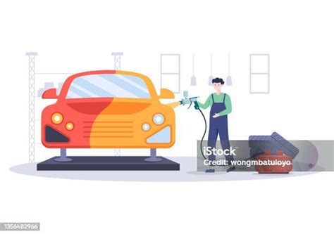 장비가있는 자동차 페인팅 기계는 평면 벡터 일러스트레이션에서 새로운 색상을 제공하기 위해 차량 본체에 페인트 에어 브러시 또는