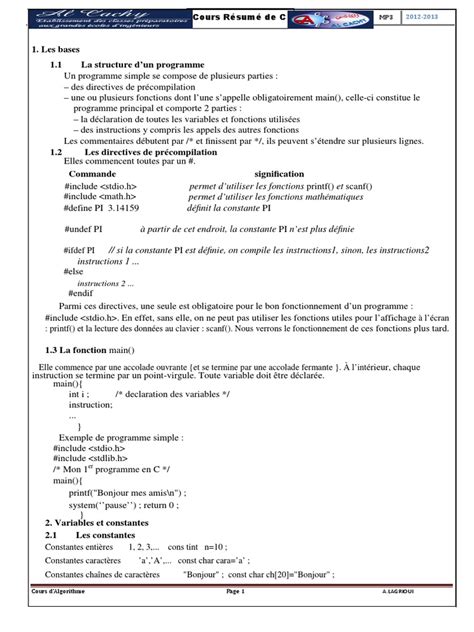 Resume De Cours De C Pdf Structure De Contrôle Pointeur