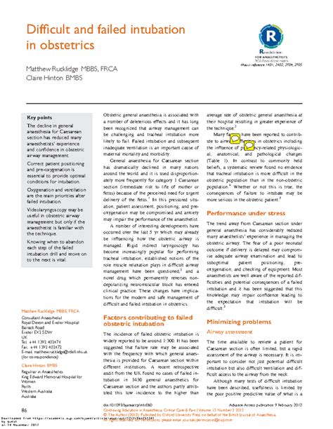 Difficult And Failed Intubation In Obstetrics Difficult And Failed