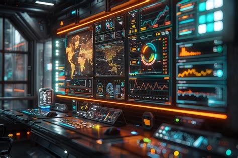 Premium Photo | Futuristic control room with multiple digital screens displaying data and analytics