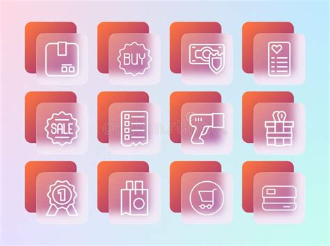 Set Line Shopping List Paper Shopping Bag Scanner Scanning Bar Code Cart Money With Shield