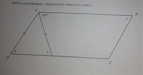 solved abcd is a parallelogram determine the values of x y and z [math]