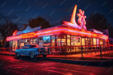 Premium Ai Image Exterior Shot Of Retro Diner With Neon Signs Lit Up