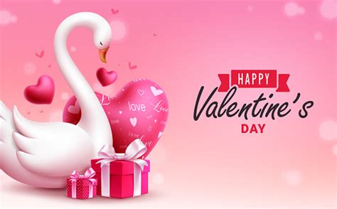 해피 발렌타인 데이 백조 벡터 디자인 발렌타인 데이 인사말 카드 귀여운 백조 하트 풍선 및 로맨틱한 장식 요소를 위한 선물 상자 14에 대한 스톡 벡터 아트 및 기타 이미지