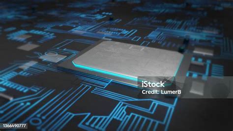 ชิป Cpu บนเมนบอร์ด การแสดงผล 3 มิตินามธรรมของชิปคอมพิวเตอร์โปรเซสเซอร์บนกระดานจักคิวเต้ ภาพสต็อก