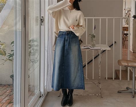 리리앤코 베런드 기모 뒷밴딩 워싱 데님 롱 스커트 겨울 신상 겨울옷 워싱데님 빈티지 기모스커트 겨울스커트 청치마 청스커트 A