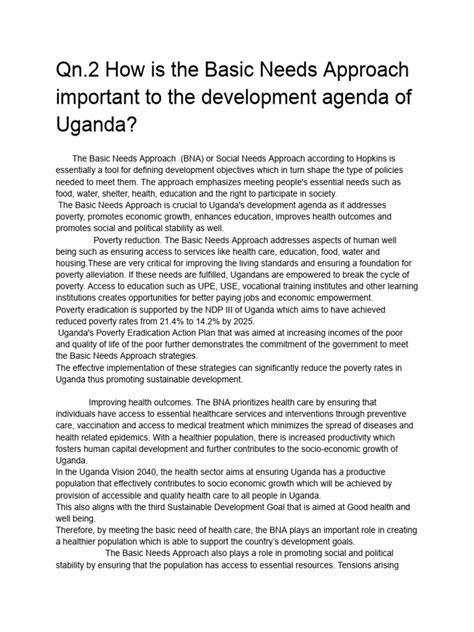 Importance Of Basic Needs Approach To The Development Agenda Of Uganda