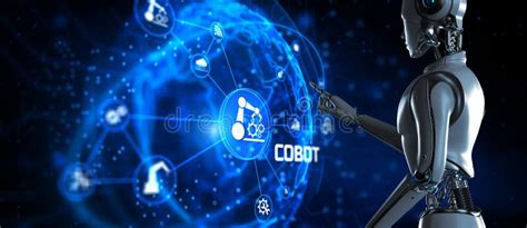 Cobot Collaborative Robot 3d Render Illustrated With A Robot Pressing A Button On A Virtual