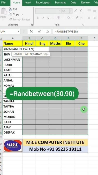 excel randbetween function viral shorts reels viralvideo