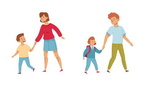 함께 시간을 보내는 가족 구성원이 있습니다 손을 잡고 걷는 부모와 어린이 벡터 일러스트 레이 션 가족에 대한 스톡 벡터 아트 및 기타 이미지 Istock