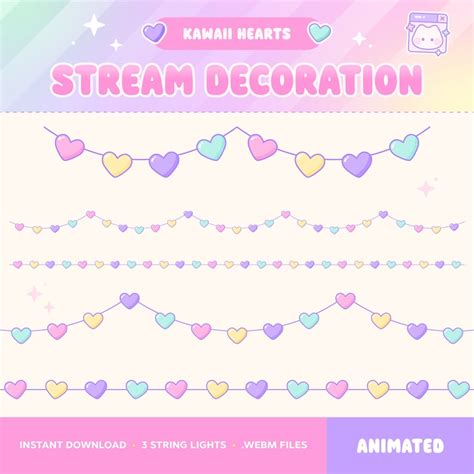 Cute Heart Twitch Stream Decorations Animated String Lights Kawaii Valentines Day Stream