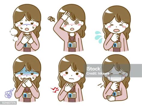 평범한 옷을 입은 젊은 여성 직원이 아프다는 표현 감기와 독감에 대한 스톡 벡터 아트 및 기타 이미지 감기와 독감 걱정하는
