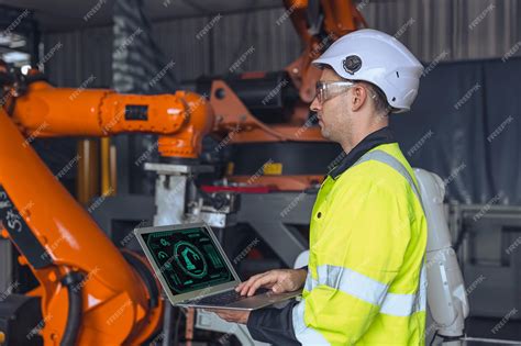 Premium Photo Engineer Male Using Laptop Computer Control Operate Industry Robot Arm Machine