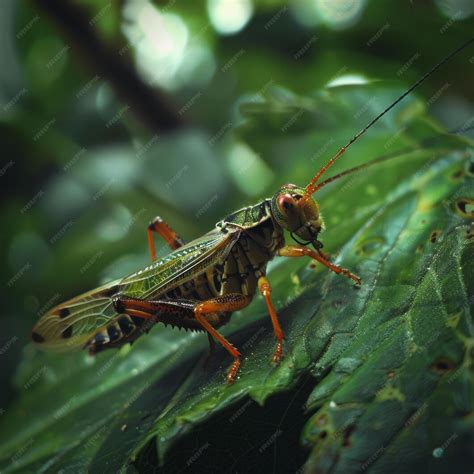 A Green Grasshopper With A Red Tail Is On A Leaf Premium Ai Generated Image