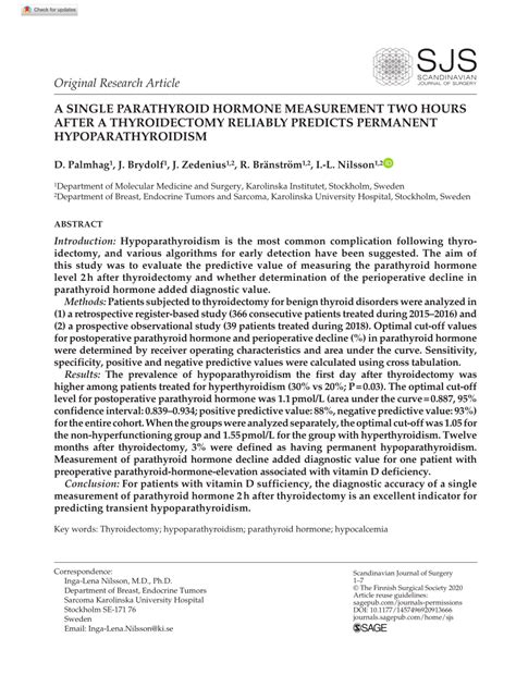 Pdf A Single Parathyroid Hormone Measurement Two Hours After A Thyroidectomy Reliably Predicts