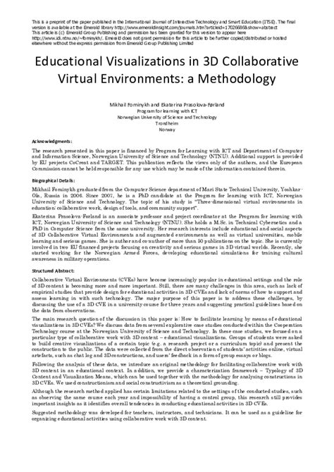 Pdf Educational Visualizations In 3d Collaborative Virtual Environments A Methodology