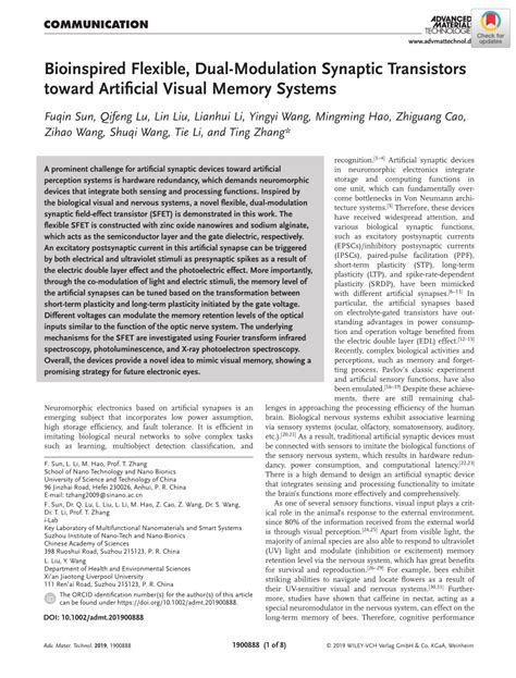 Pdf Bioinspired Flexible Dual‐modulation Synaptic Transistors Toward Artificial Visual Memory