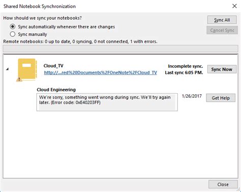 getting incomplete sync error in onenote 2016 microsoft community