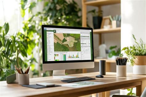 A Stylish Desk Showcases A Sleek Computer Displaying Data Analytics Charts Amidst Vibrant Indoor