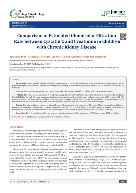 Pdf Comparison Of Estimated Glomerular Filtration Rate Between Cystatin C And Creatinine In