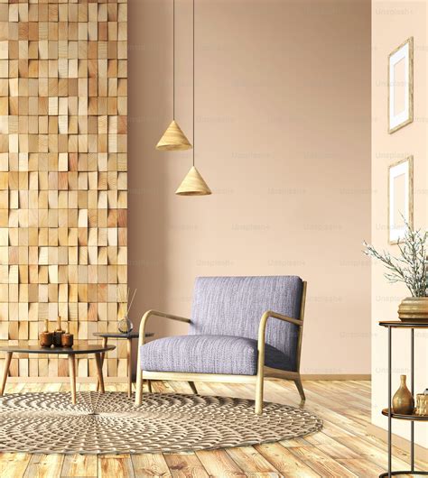 커피 테이블 샹들리에 보라색 안락의자가 있는 거실의 인테리어 디자인 나무 패널 홈 디자인 3d 렌더링 사진 Unsplash의 집 이미지