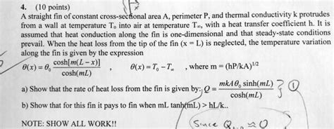 Solved 4 10points A Straight Fin Of Constant Cross Sectional Area A