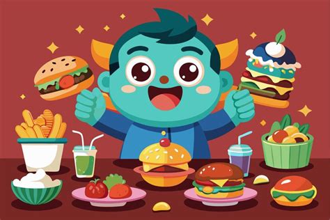 A Customizable Cartoon Character Happily Eats Different Foods Including