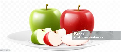 잘 익은 녹색의 육즙이 많은 사과가 투명한 배경에 고립 된 흰색 접시에 담겨 있습니다 통째로 사과 과일과 얇게 썬 것 건강한 비타민 식품 현실적인 3d 벡터 일러스트 레이