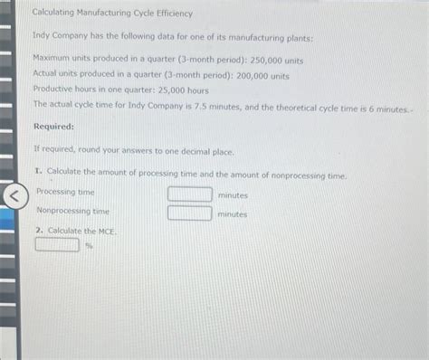 Solved Calculating Manufacturing Cycle Efficiency Indy