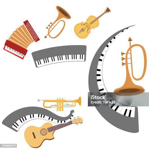 악기 트럼펫 바이올린 아코디언 기타 피아노 티셔츠 엠블럼 콘서트 음악 학교에 사용할 수 있습니다 0명에 대한 스톡 벡터 아트 및