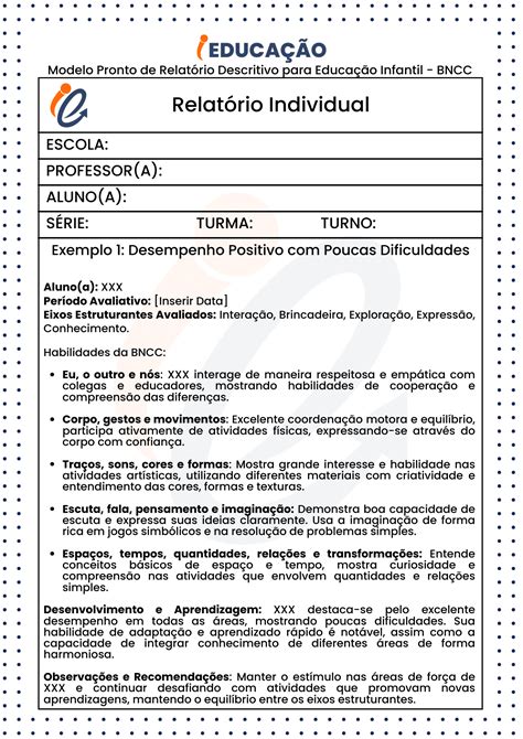Modelos De Relatórios Individual Educação Infantil Bruniv