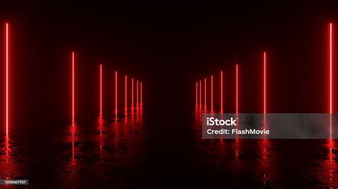 미래 지향적 인 공상 과학 Fi Bacgkround 빈 공간의 반사와 콘크리트 바닥과 방에서 빛나는 빨간 네온 조명 외계인 우주선 미래 아치 진행 3d 일러스트레이션 빨강에