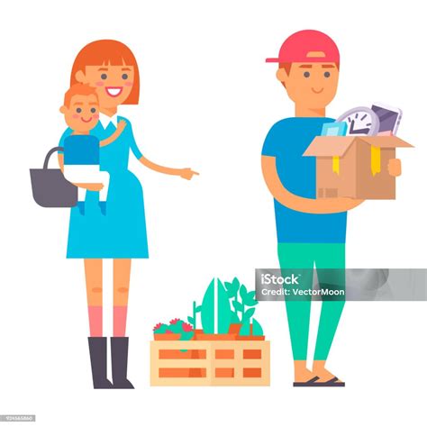 행복 한 젊은 커플 플랫 사람들이 새 집 운동 아파트에서 함께 이동 벡터 행복 한 젊은 커플 이동 서비스입니다 가족 사람 풀고 상자 문자 함께 여자 운반 상자 설정 새