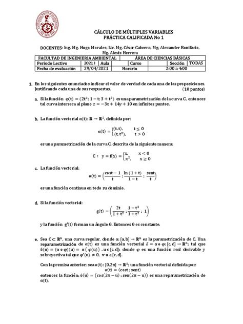 Pc1 2021 1 Calculo De Múltiples Variables Pdf Vector Euclidiano