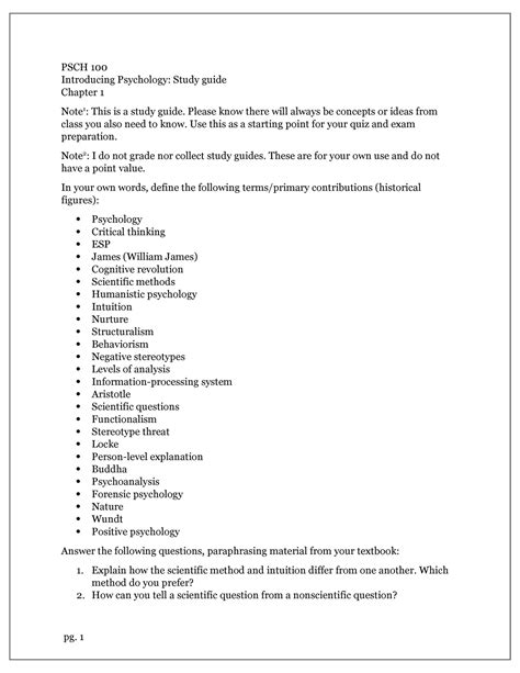PSCH 100 Introducing Psych Ch 1 Study Guide PSCH 100 Introducing Psychology Study Guide