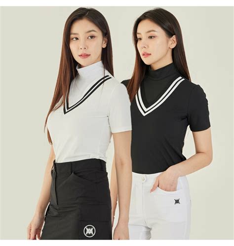 제이투제이 여성골프웨어 V배색 레이어드 골지 반소매 티몬
