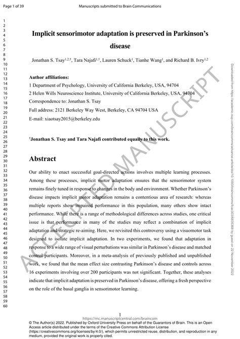 Pdf Implicit Sensorimotor Adaptation Is Preserved In Parkinsons Disease