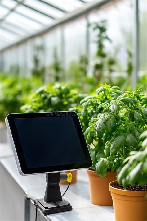 Touchscreen Control Panel In A Smart Greenhouse Shows Precise Temperature And Humidity Data