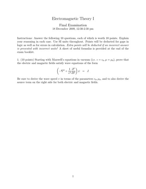 Electromagnetic Theory I Final Examination