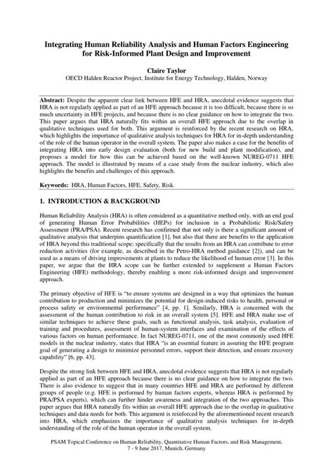 Pdf Integrating Human Reliability Analysis And Human Factors