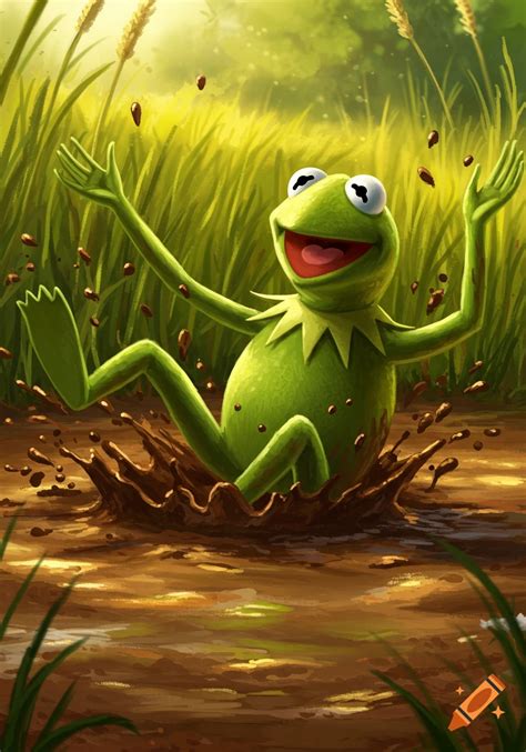 Kermit The Frog Happily Splashing And Rolling In A Muddy Puddle In Tall