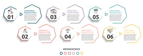 벡터 플랫 인포그래픽 템플릿입니다 여섯 다이어그램 그래프 순서도 타임 라인 마케팅 프리젠 테이션에 대한 텍스트와 아이콘 라인 Heptagon 개념에 대한 스톡 벡터 아트 및