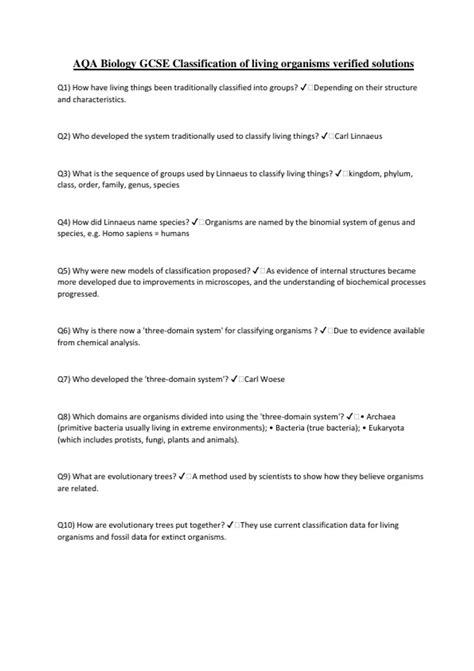 Aqa Biology Gcse Classification Of Living Organisms Verified Solutions Aqa Biology Gcse