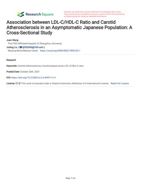 Pdf Association Between Ldl Chdl C Ratio And Carotid Atherosclerosis